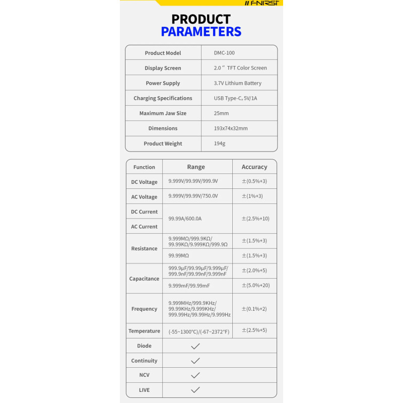 FNIRSI DMC-100 – Precision AC/DC Clamp Meter 600A, HD Display